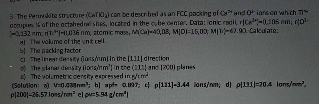 Solved 3- The Perovskite structure (CaTiO3) can be described | Chegg.com