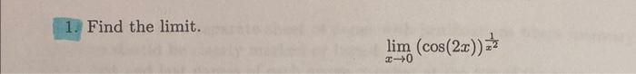 Solved Find the limit. limx→0(cos(2x))x21 | Chegg.com