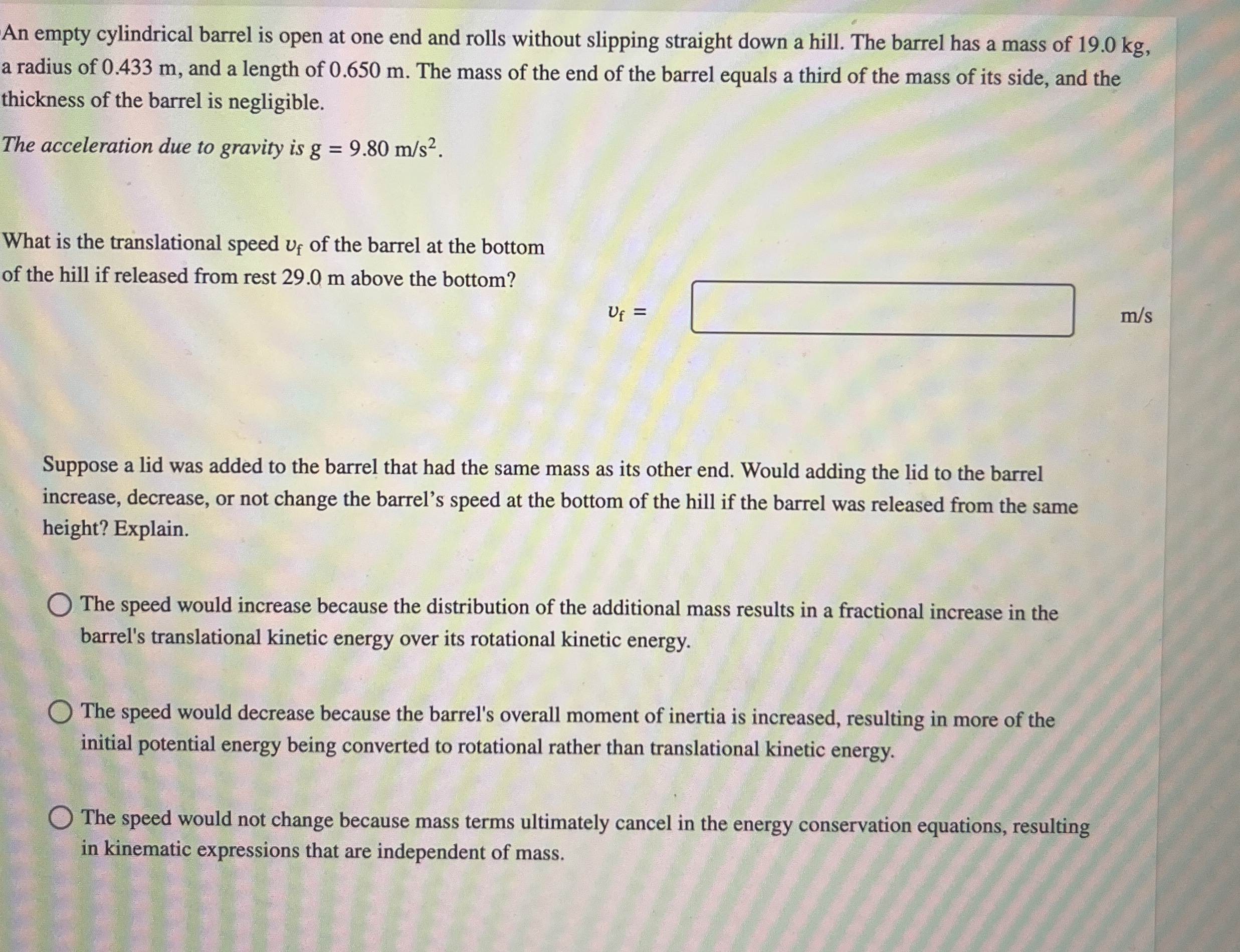 Solved An empty cylindrical barrel is open at one end and | Chegg.com