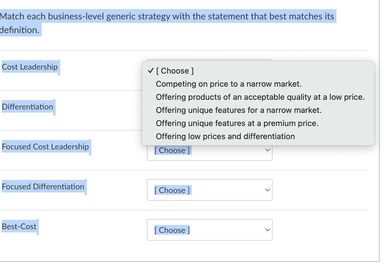 Solved Give answer Match each business-level generic | Chegg.com