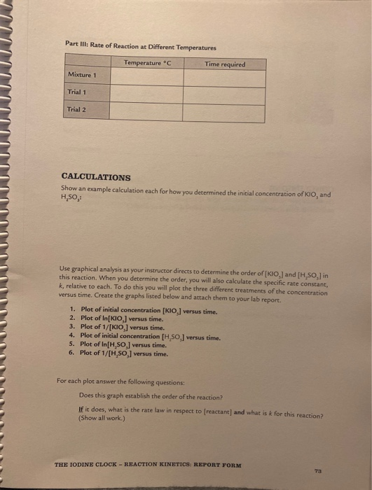 Part III: Rate of Reaction at Different Temperatures | Chegg.com