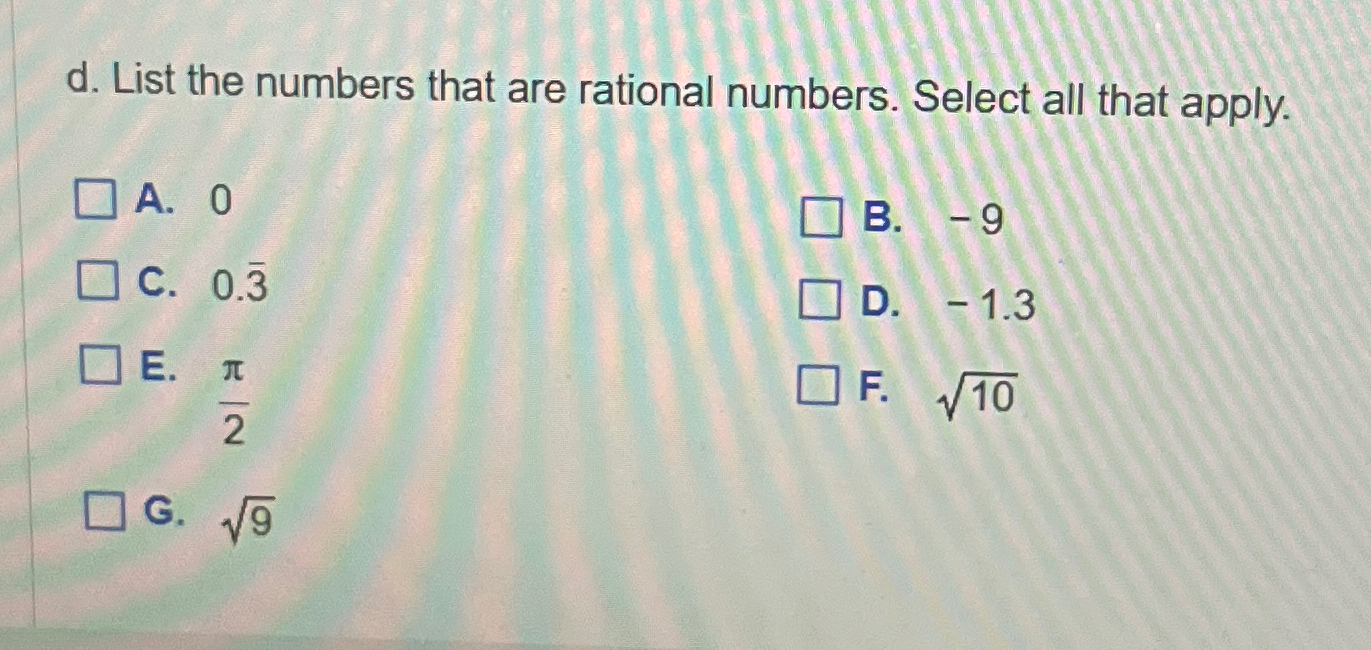 Solved d. ﻿List the numbers that are rational numbers. | Chegg.com