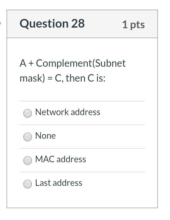 Solved Question 28 1 pts A+ Complement(Subnet mask) = C, | Chegg.com