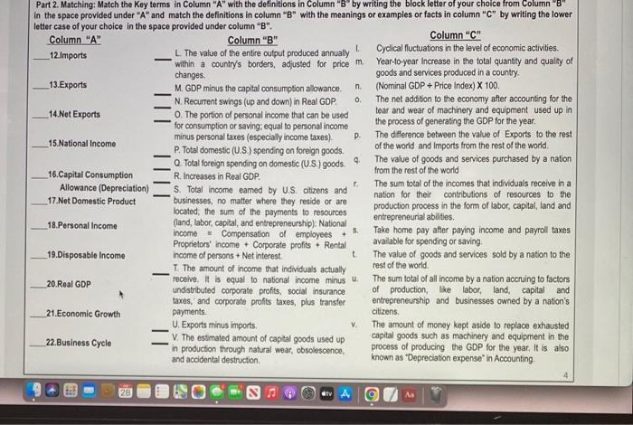 Solved Part 2. Matching: Match the Key terms in Column "A" | Chegg.com
