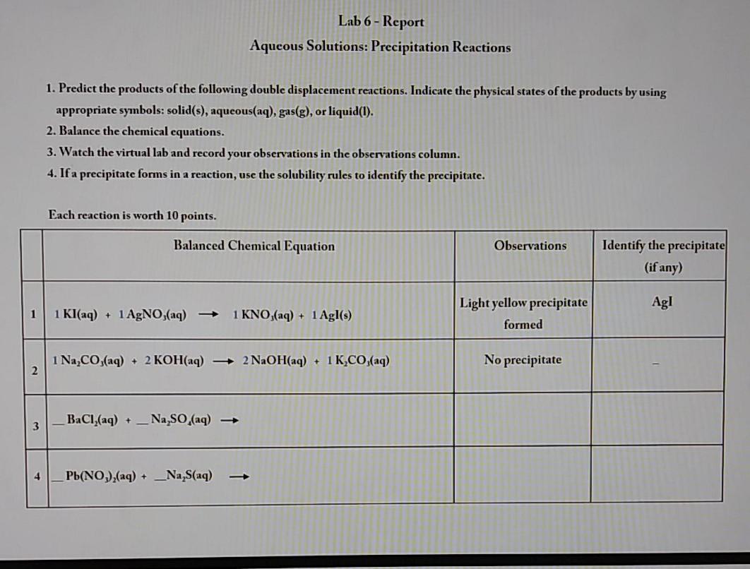 Solved Lab 6 - Report Aqueous Solutions: Precipitation | Chegg.com