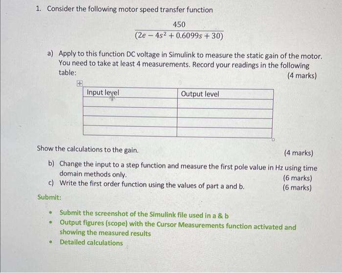 1. Consider the following motor speed transfer | Chegg.com