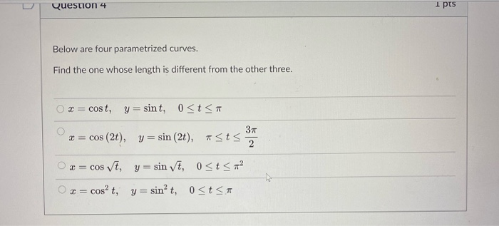 Solved Question 4 1 pts Below are four parametrized curves. | Chegg.com