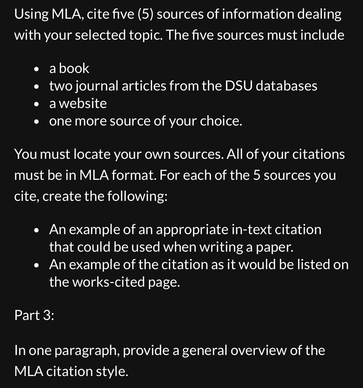 Using MLA, cite five (5) ﻿sources of information | Chegg.com