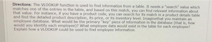 Solved Directions: The VLOOKUP function is used to find | Chegg.com