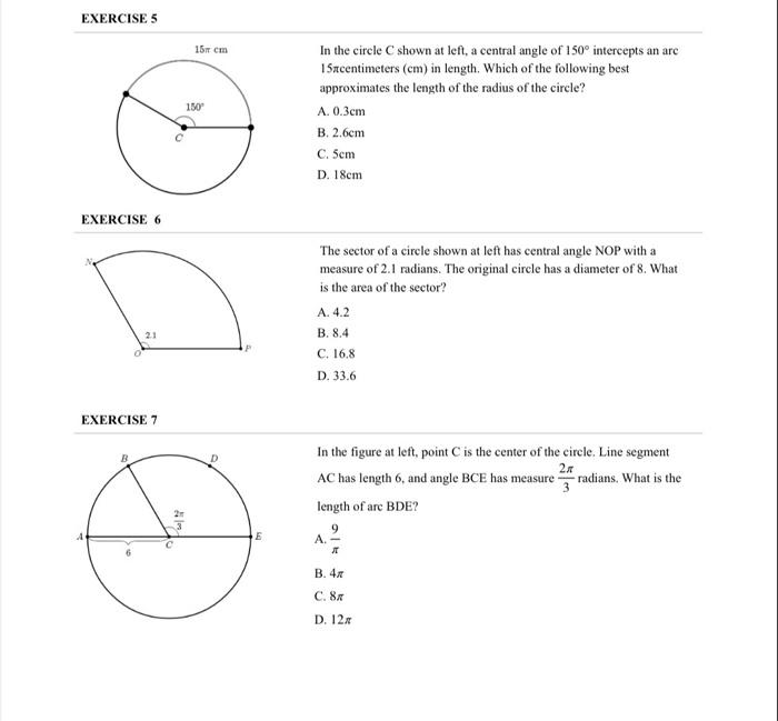 Solved EXERCISE 5 15 cm 150 In the circle C shown at left, a | Chegg.com