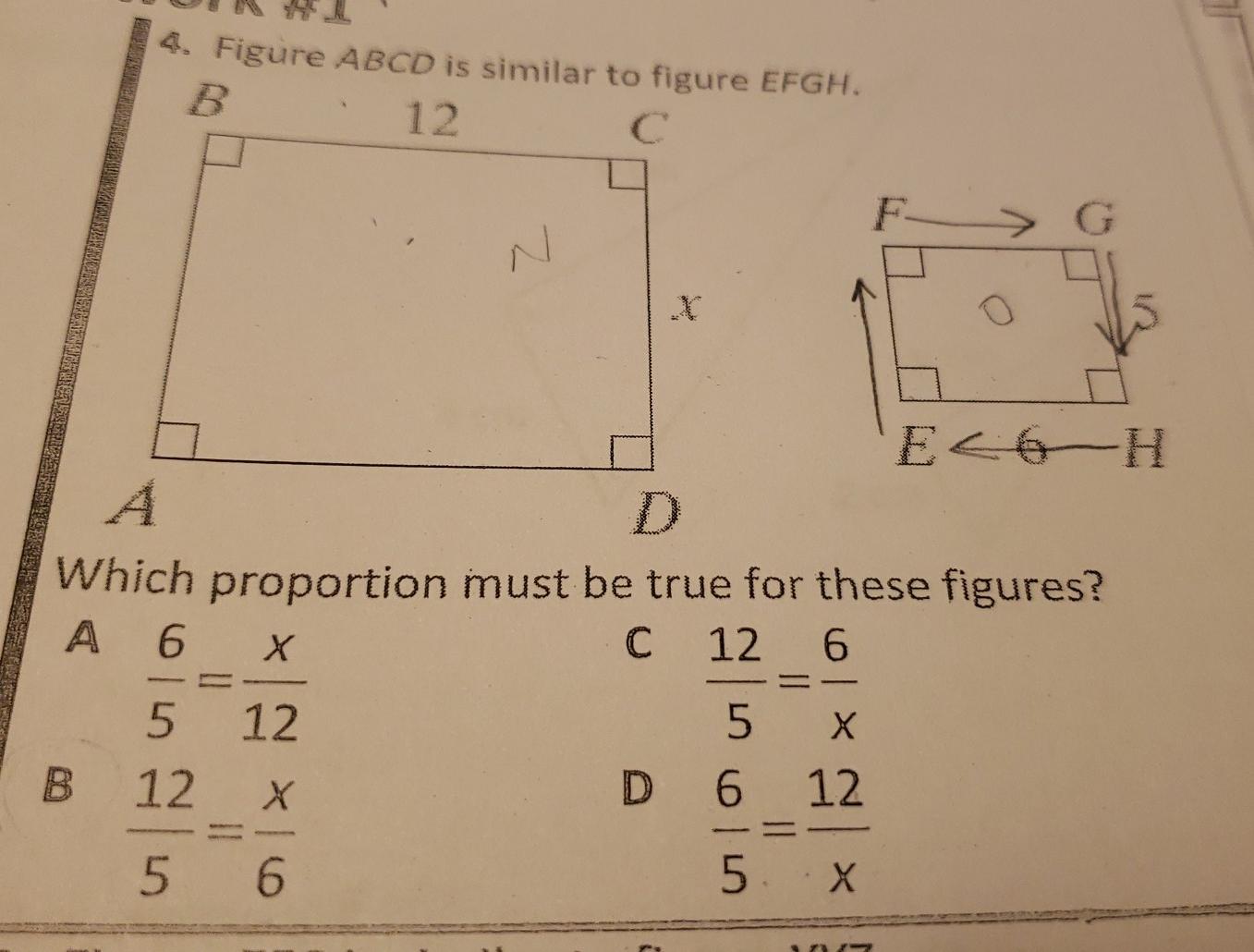 Solved 4. Figure ABCD is similar to figure EFGH. B. 12 C F A | Chegg.com