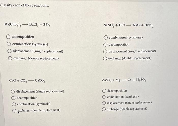 Solved Classify each of these reactions. Ba(ClO3)2 BaCl, | Chegg.com