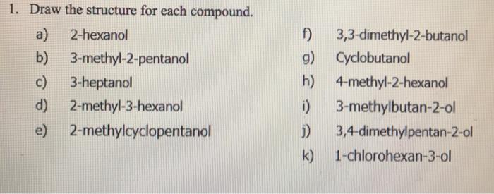 Solved 1. Draw the structure for each compound. a) 2-hexanol | Chegg.com