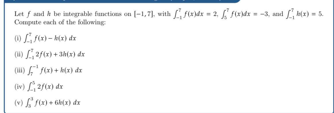 Solved Let f ﻿and h ﻿be integrable functions on -1,7, ﻿with | Chegg.com