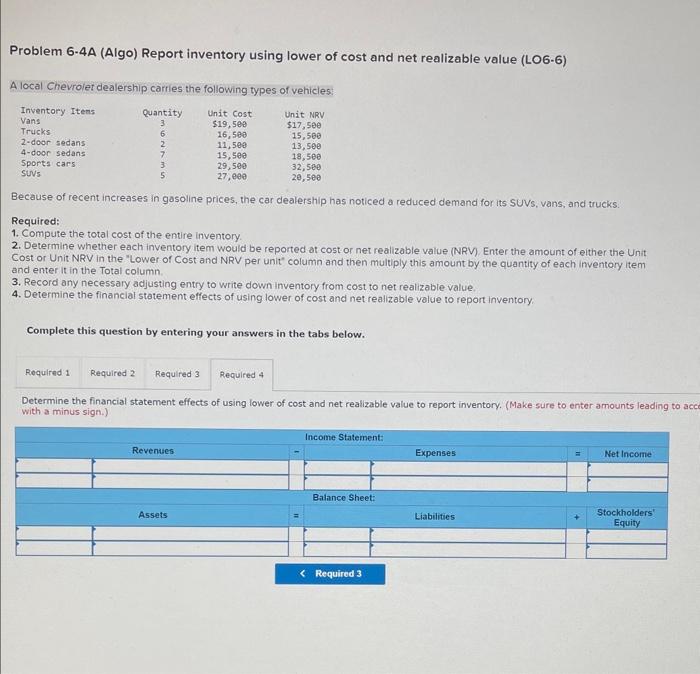 Solved Problem 6-4A (Algo) Report inventory using lower of | Chegg.com Solved Problem 6-4A (Algo) Report inventory using lower of | Chegg.com