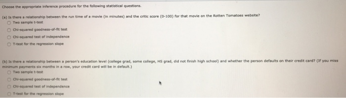 Solved Choose the appropriate inference procedure for the | Chegg.com