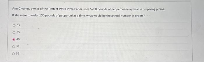 Solved Ann Chovies, owner of the Perfect Pasta Pizza Parlor, | Chegg.com