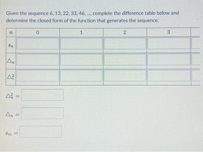 Solved Given the sequence 6,13,22,33,46,…, complete the | Chegg.com