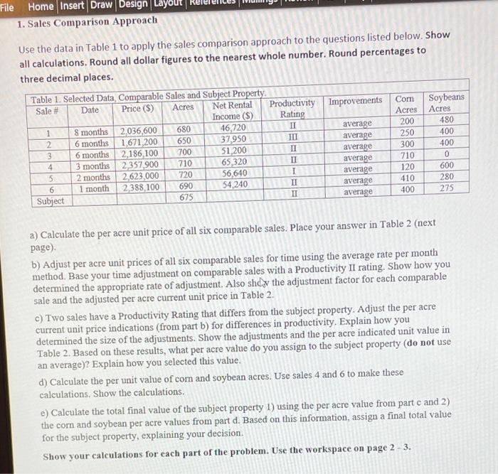 Solved 1. Sales Comparison Approach Use the data in Table 1 | Chegg.com