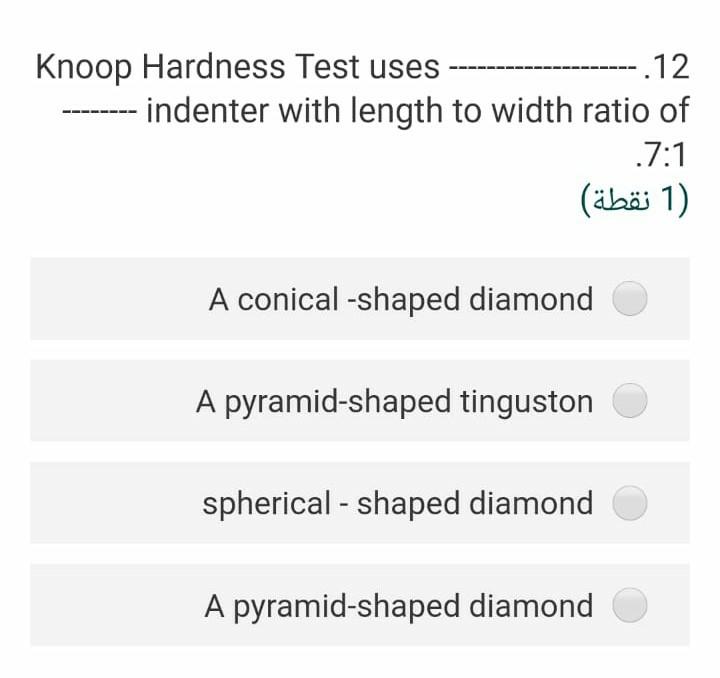 Solved Knoop Hardness Test uses ---.12 indenter with length | Chegg.com