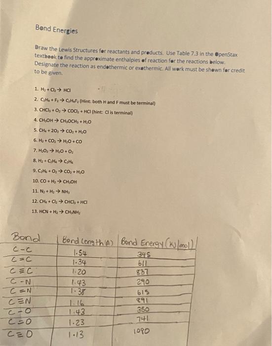 Solved Bond Energies Draw the Lewis Structures for reactants | Chegg.com