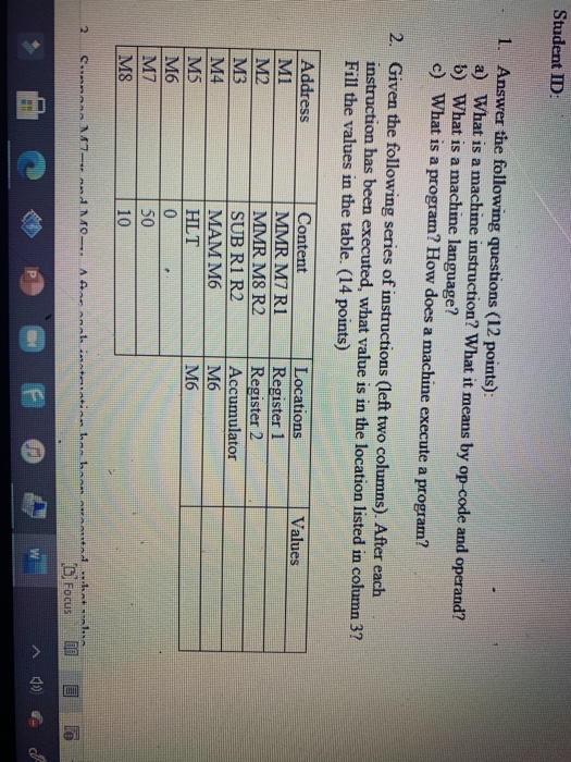 Solved Student ID: 1. Answer the following questions (12 | Chegg.com