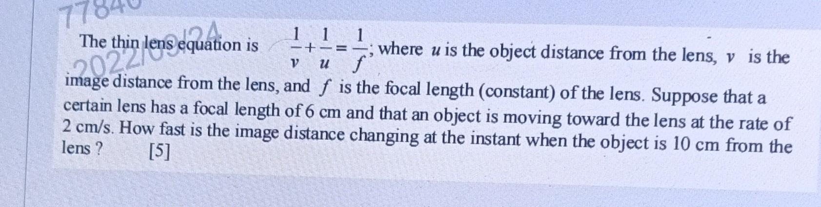 Solved The thin lens equation is v1+u1=f1; where u is the | Chegg.com