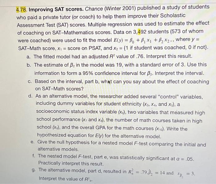 Solved 4.78. Improving SAT scores. Chance (Winter 2001) | Chegg.com