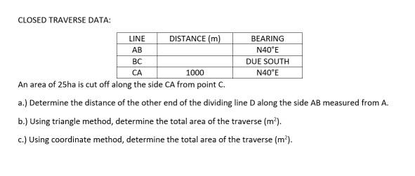 Solved Closed Traverse An area of 25ha is cut off along the | Chegg.com