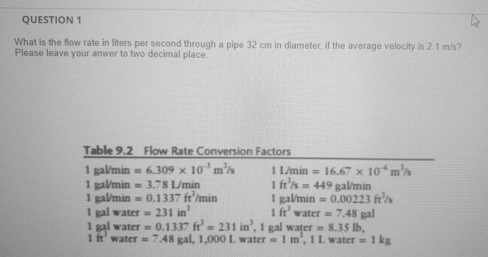 Solved QUESTION 1 What is the flow rate in liters per second | Chegg.com
