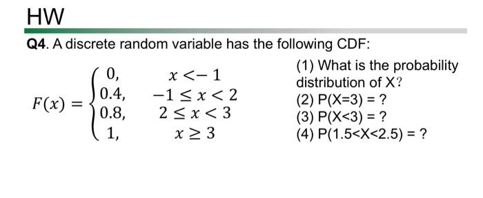 Solved Q4. A discrete random variable has the following CDF: | Chegg.com