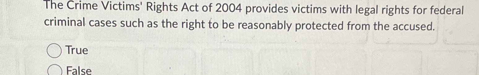 Solved The Crime Victims' Rights Act of 2004 ﻿provides | Chegg.com