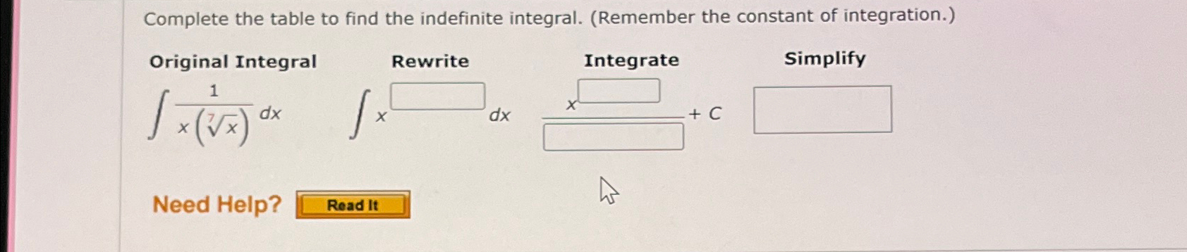 Solved Complete the table to find the indefinite integral. | Chegg.com