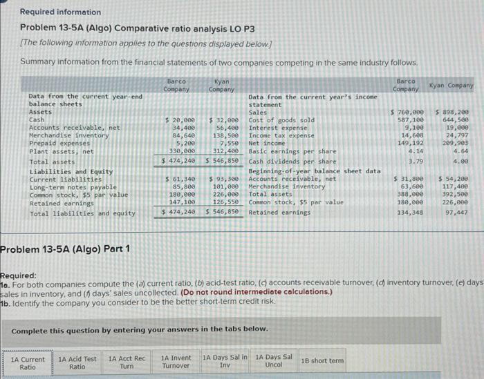 Solved Required information Problem 13-5A (Algo) Comparative | Chegg.com