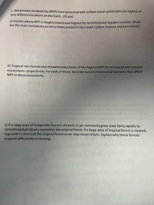 Solved 2. Net primary productivity (NPP) from terrestrial | Chegg.com