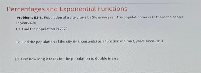 Solved Percentages and Exponential Functions Problems E1-3. | Chegg.com