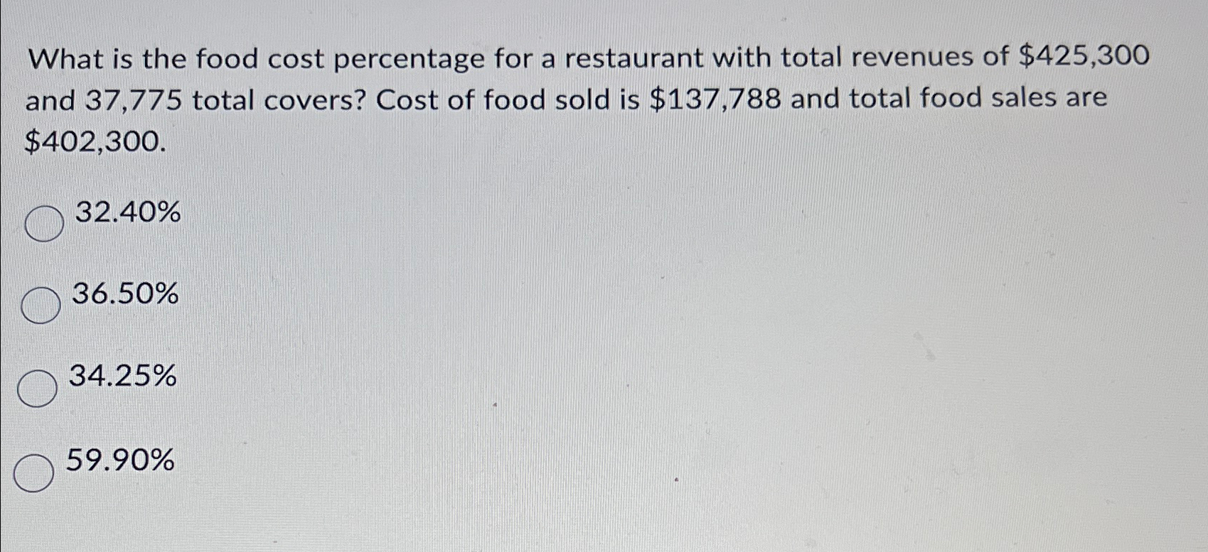 Solved What is the food cost percentage for a restaurant | Chegg.com
