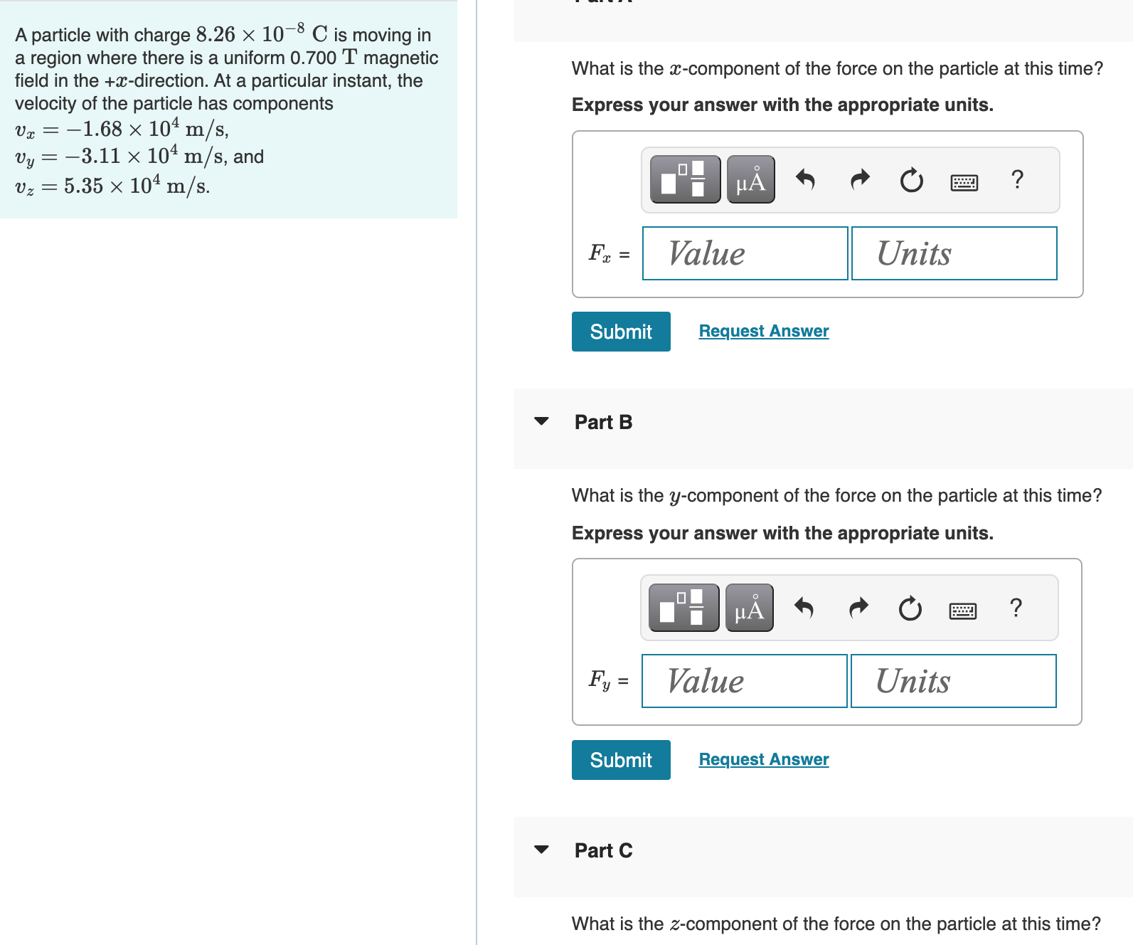 Solved A particle with charge 8.26×10-8C ﻿is moving ina | Chegg.com