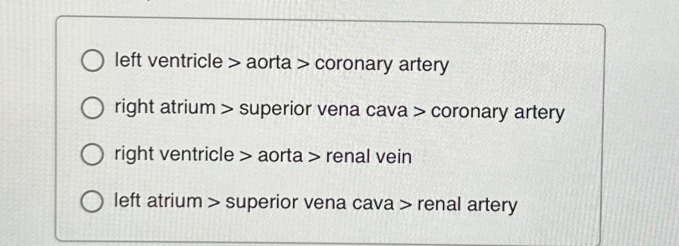 Solved left ventricle > ﻿aorta > ﻿coronary arteryright | Chegg.com
