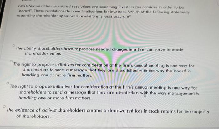 Solved Q20: Shareholder-sponsored resolutions are something | Chegg.com