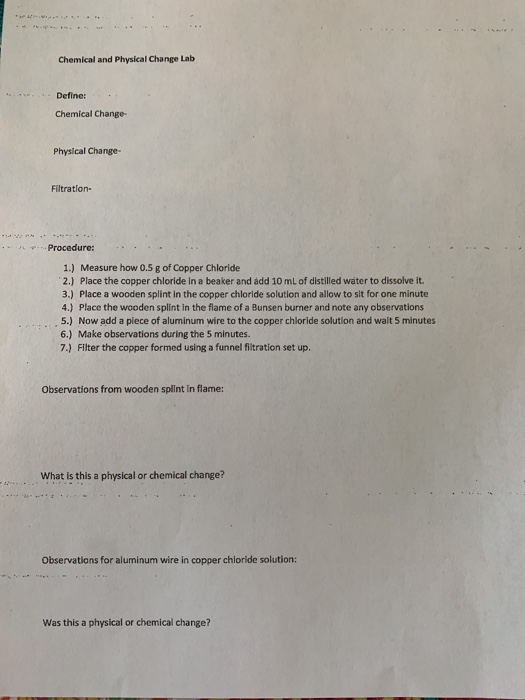 Solved Chemical and Physical Change Lab Define: Chemical | Chegg.com