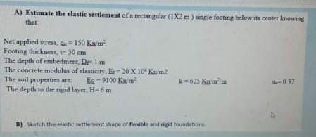 Solved A) Estimate the elastic settlement of a rectangular | Chegg.com