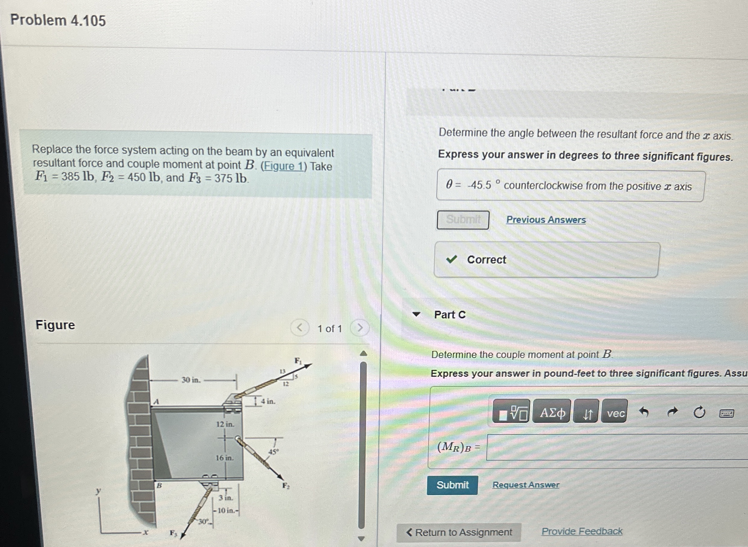 Solved Problem 4.105Replace the force system acting on the | Chegg.com