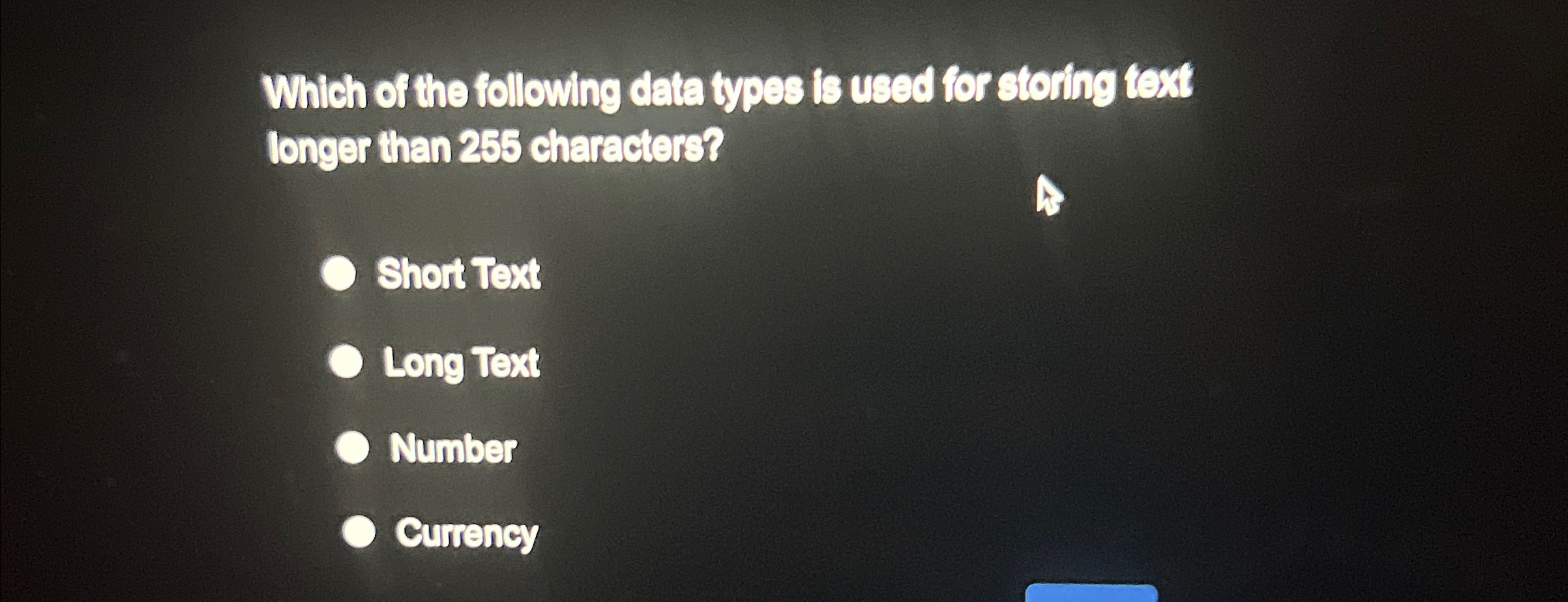 Solved Which Of The Following Data Types Is Used For Storing