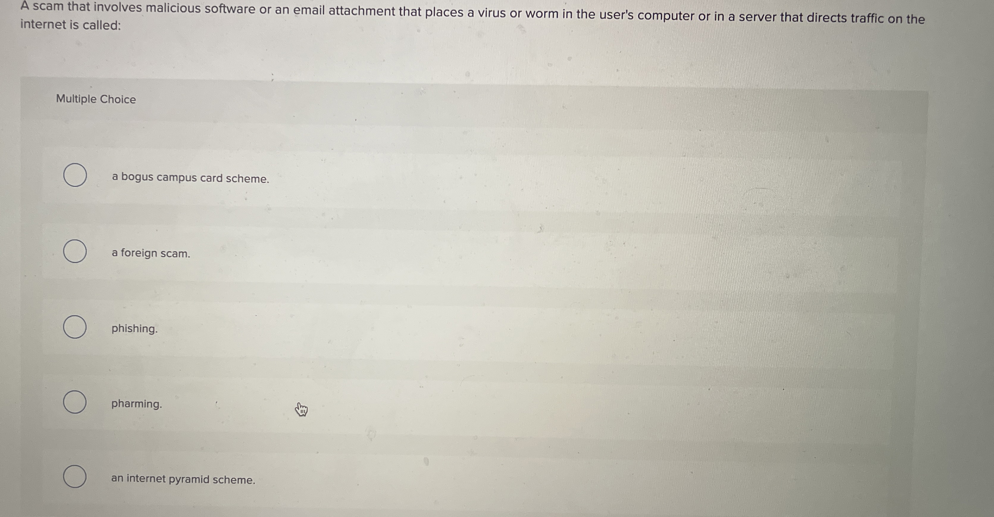 Solved A scam that involves malicious software or an email | Chegg.com