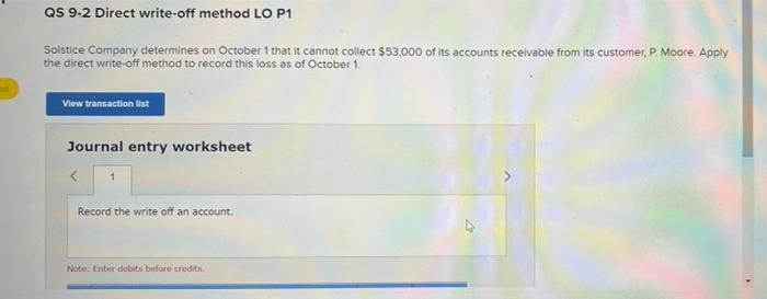 Solved QS 9-2 Direct write-off method LO P1 Solstice Company | Chegg.com