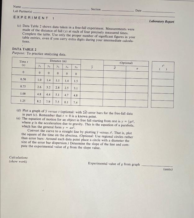 Solved Experimental Error and Data Analysis Laboratory | Chegg.com