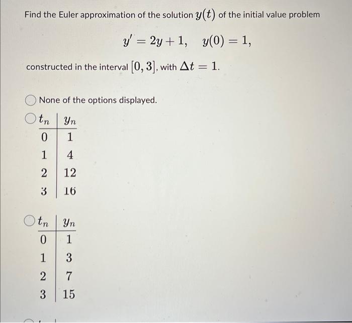 Solved Find the Euler approximation of the solution y(t) of | Chegg.com