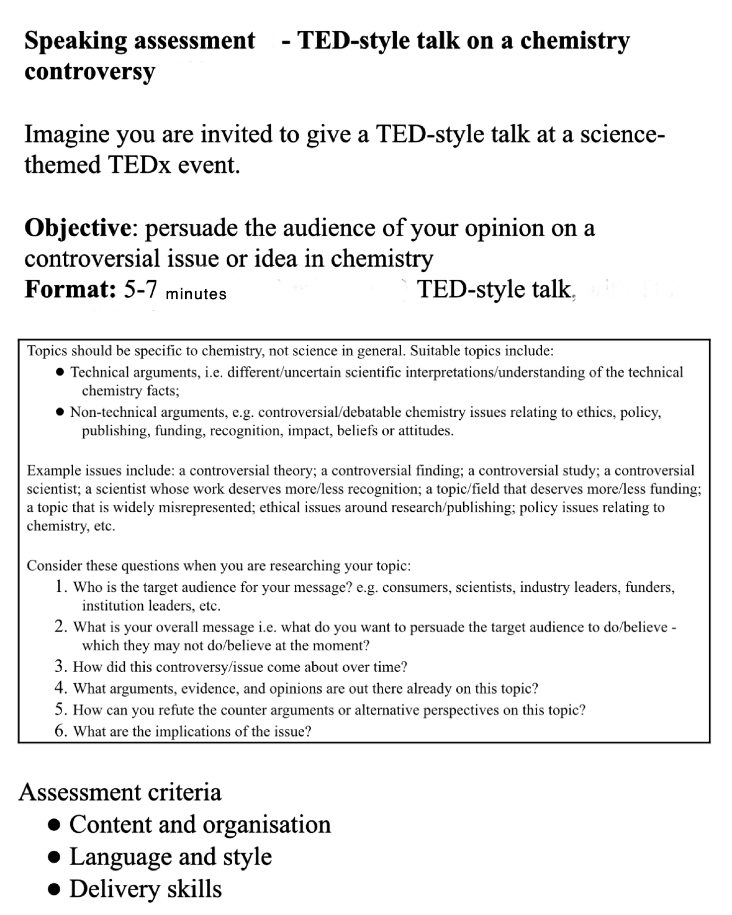 Solved Speaking assessment - ﻿TED-style talk on a chemistry | Chegg.com