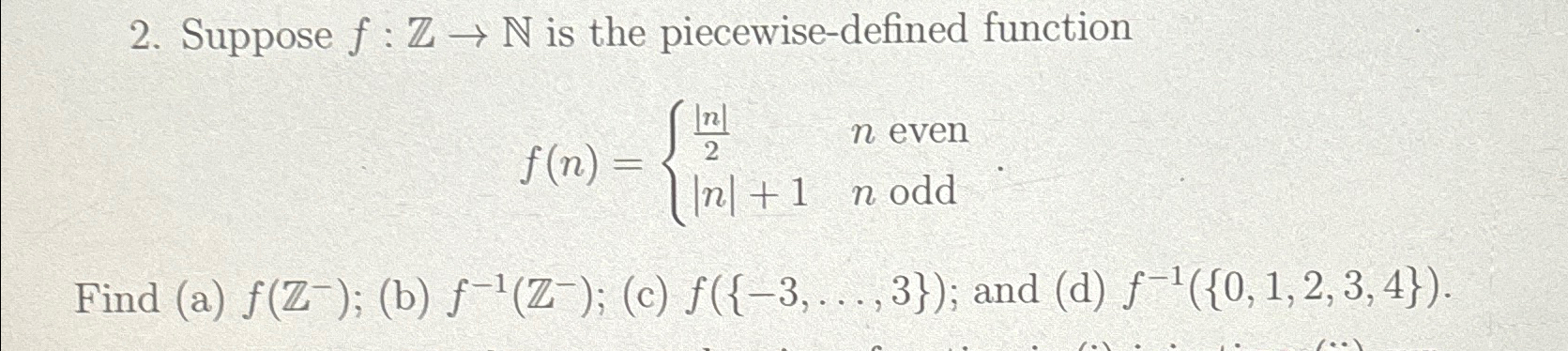 Solved Suppose f:Z→N ﻿is the piecewise-defined | Chegg.com